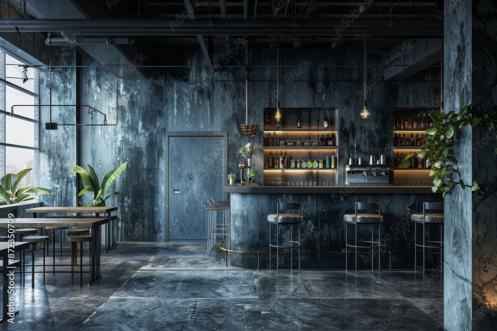 Interior of modern pub with dark concrete walls, concrete floor, bar ...