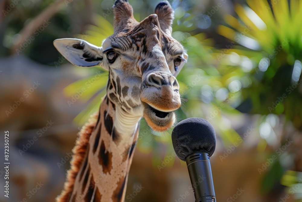 This image shows a giraffe seemingly using a microphone, potentially ...
