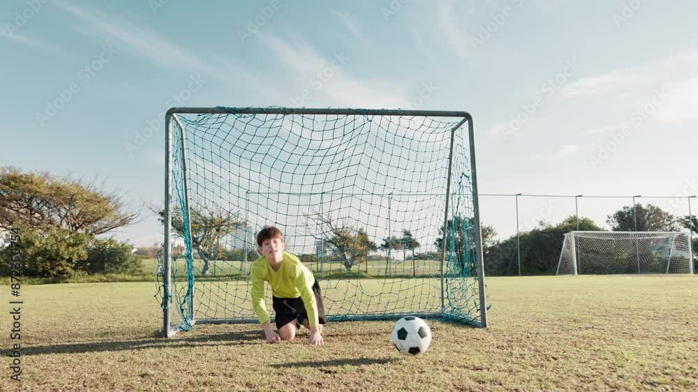 Football, coach and children in stadium for shooting, practice and ...
