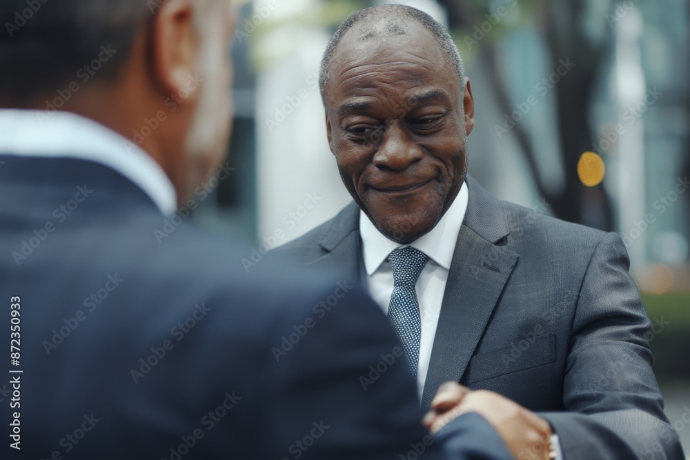 This image depicts two men in formal suits exchanging a warm handshake ...