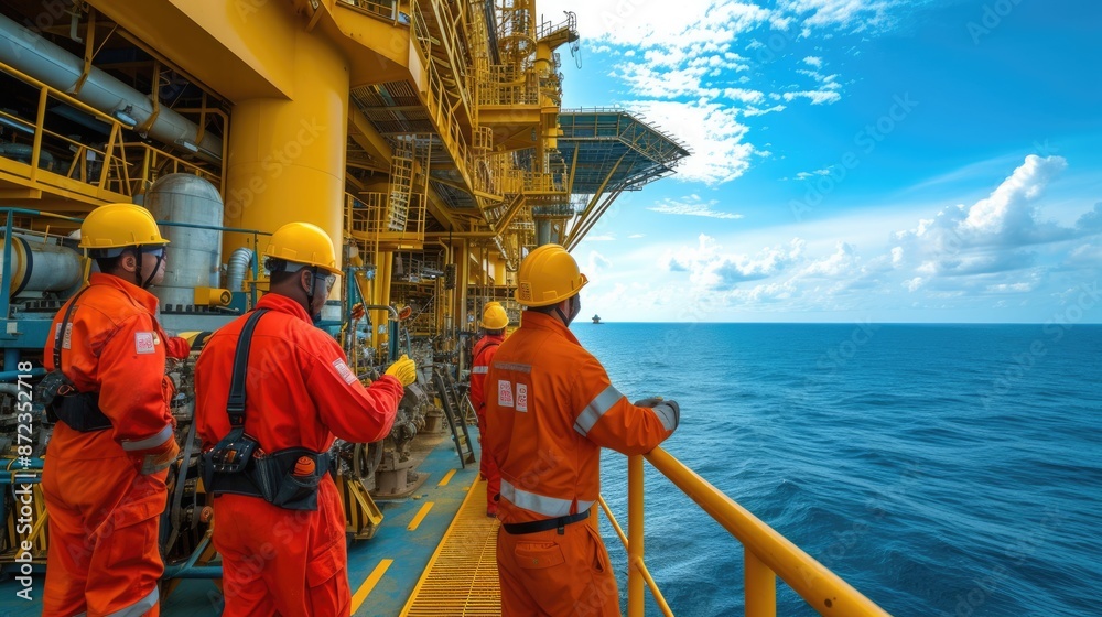 Oil workers, wearing helmets and personal protective equipment, stand ...