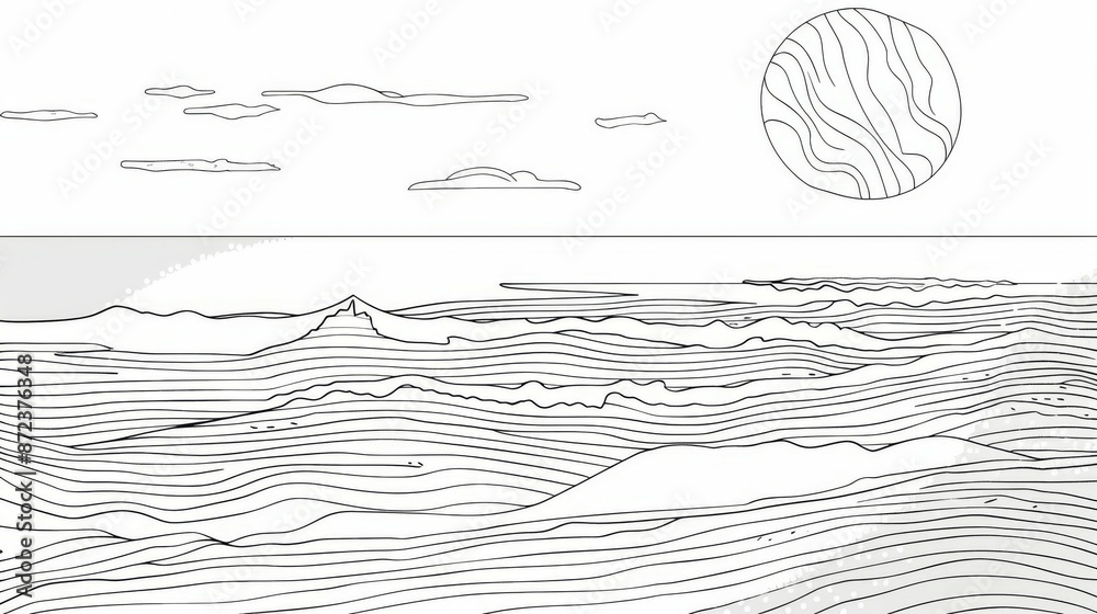 This minimalist line art showcases the serene beauty of ocean waves ...