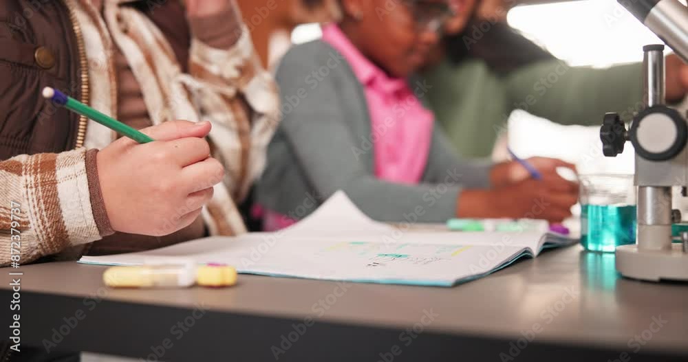 Pencil, notes and student for science experiment, writing and classroom ...