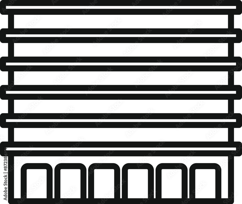 Simple black and white line drawing of a multi storey car park building ...