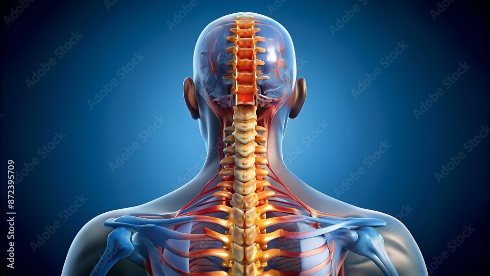 Human body upper spine and neck pain zone, atlas vertebrae and cervical ...