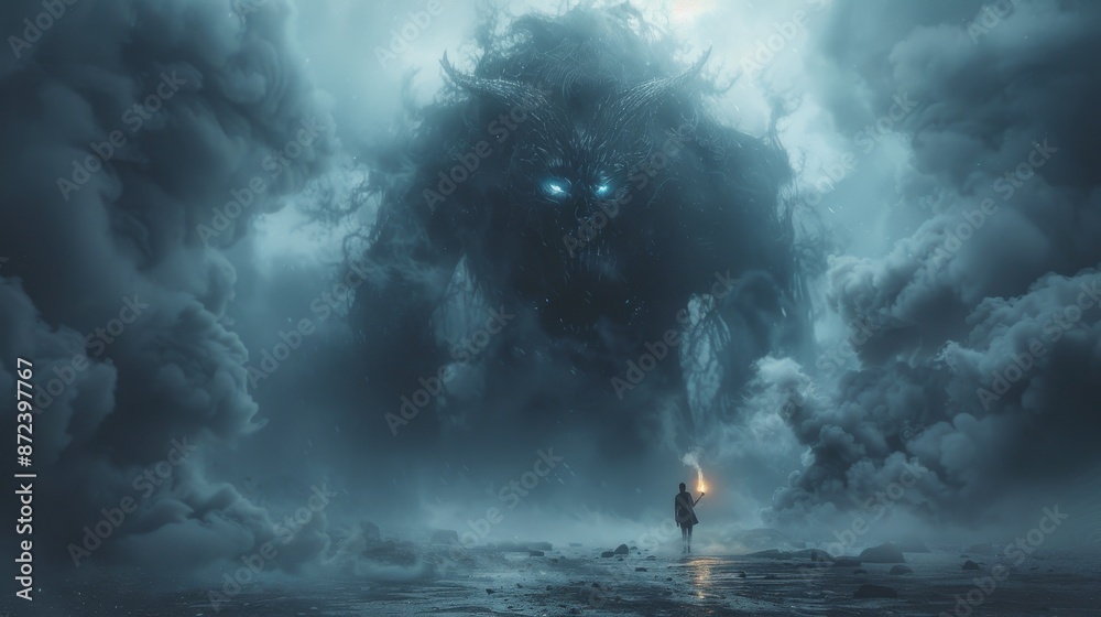 Detailed illustration painting of a boy holding a torch facing smoke ...