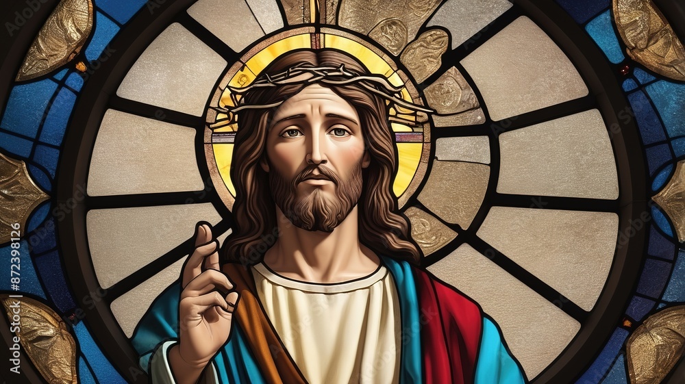 stained glass style illustration of Jesus of Nazareth, painting of Jesus Christ with golden aura ...