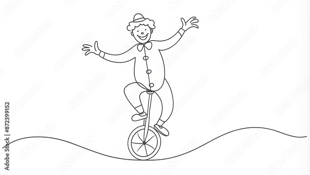 Whimsical single-line drawing of a happy clown riding a unicycle ...