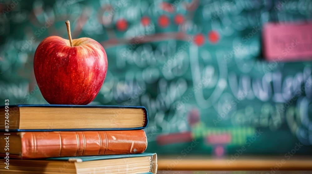 Red Apple on Books in Front of Blurred Blackboard with Math Formulas ...