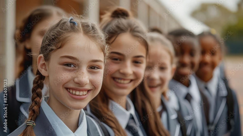 Group of smiling students wearing matching school uniforms, standing ...