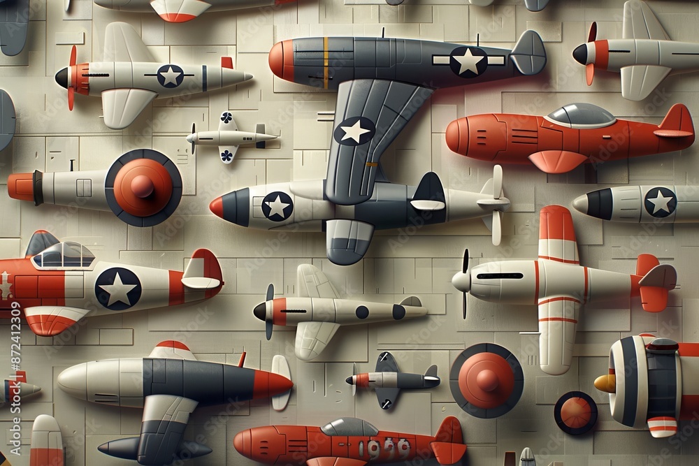 Vintage aircraft illustration with various models of planes in a retro ...