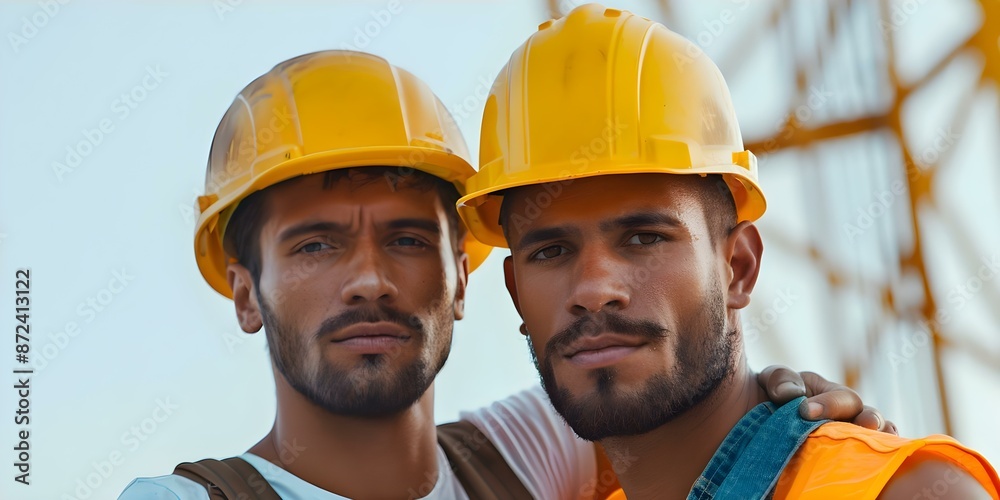 Good-looking construction workers posing together on white background ...