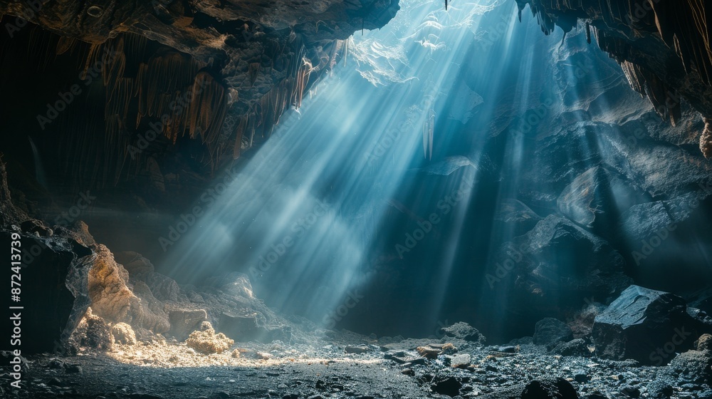 Dramatic light rays in a dark cave interior, sunlight filtering through ...