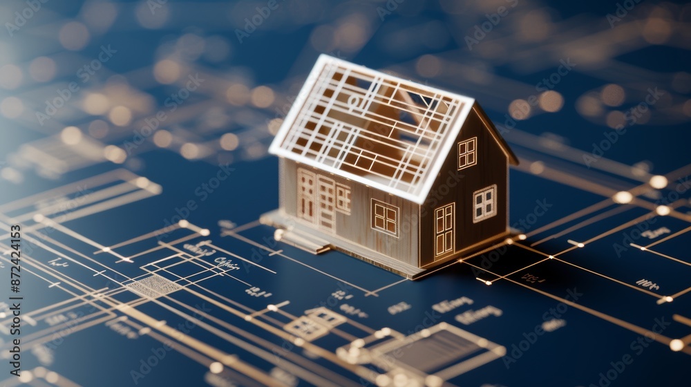 Wooden model of a house, detailed blueprint overlay, isolated ...