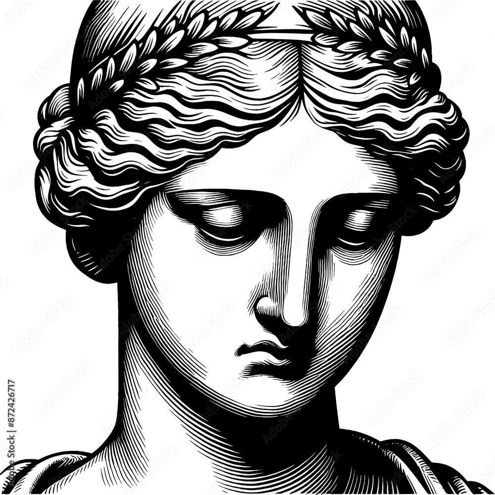classical Greek statue, depicting a sad serene woman with a laurel ...