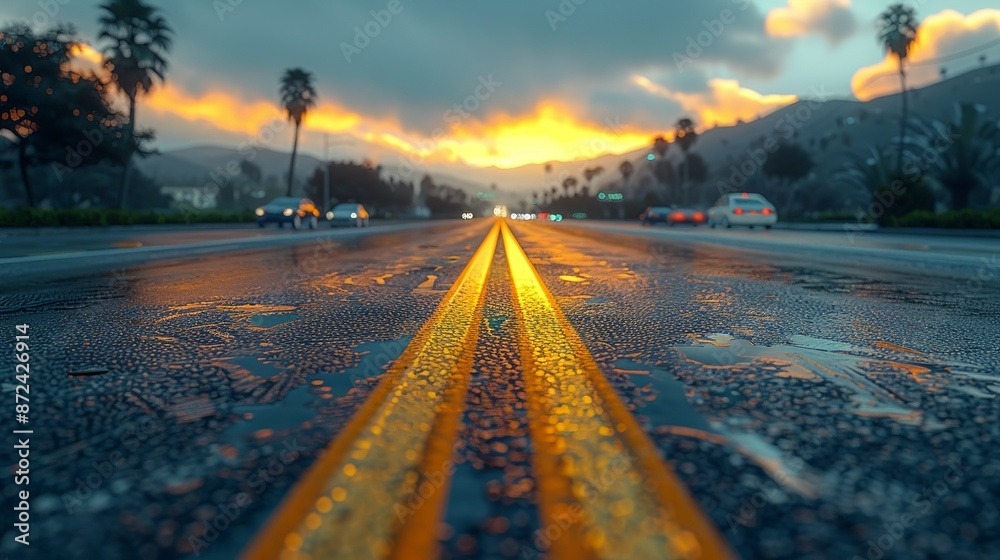 ภาพประกอบสต็อก Asphalt road texture with faded lane markings and ...