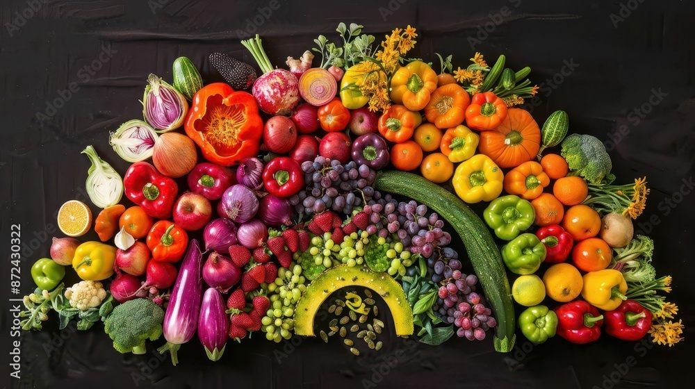 artistic arrangement of fresh produce forming rainbow spectrum with ...