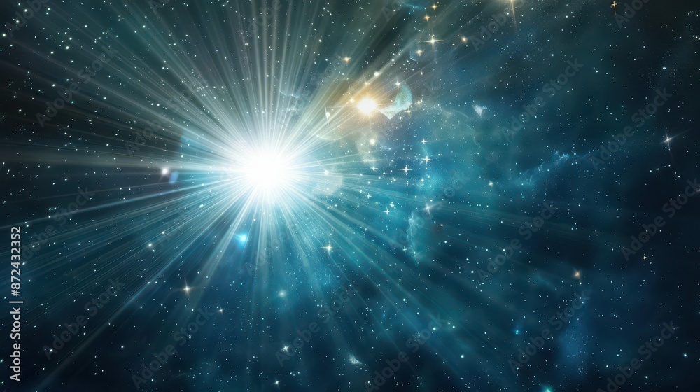 celestial explosion of white light rays against deep space background ...