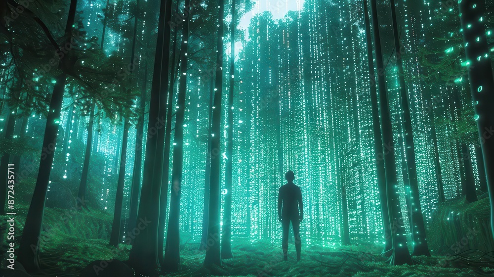 Data Scientist Immersed In Holographic Code Forest Ai Algorithms Visualized As Glowing Trees