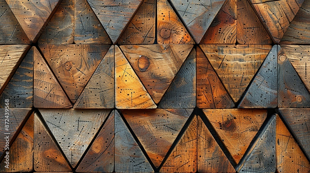 Equilateral triangles in a seamless pattern with a wood grain texture, adding a natural and ...