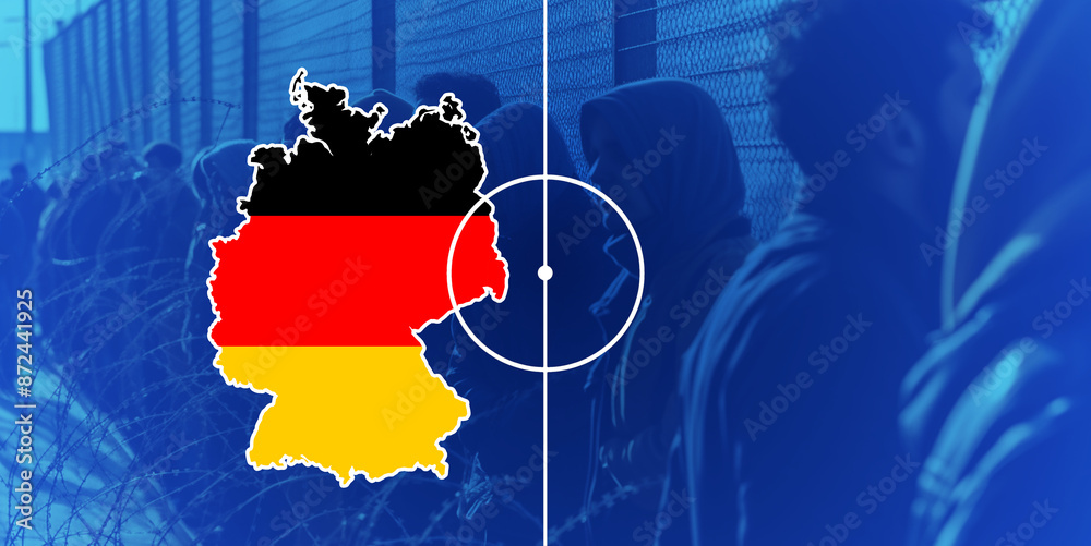 migration and refugees as Germany as overlay with football field soccer ...