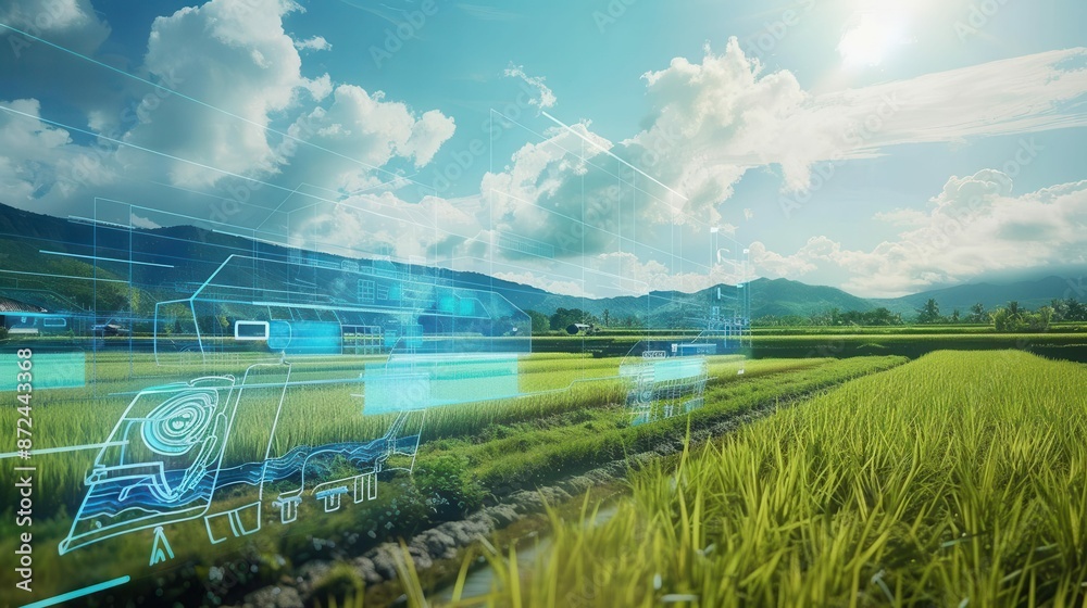 futuristic smart farming scene with holographic displays over lush rice ...