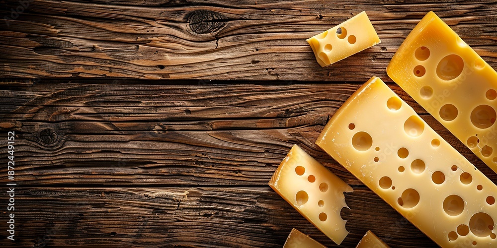Wooden background with Swiss cheese in top view. Bakery background with ...