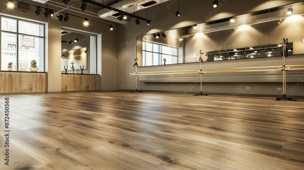 Modern dance studio with resilient vinyl plank flooring, a wall of ...