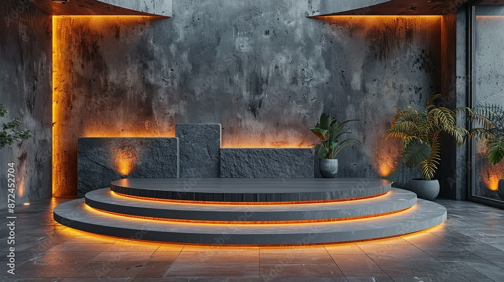 Podium setup with editable signage and realistic lighting effects for ...