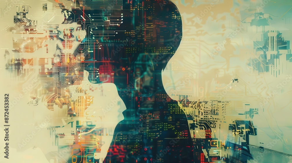 surreal digital artwork of an artist merging with ai their silhouette ...