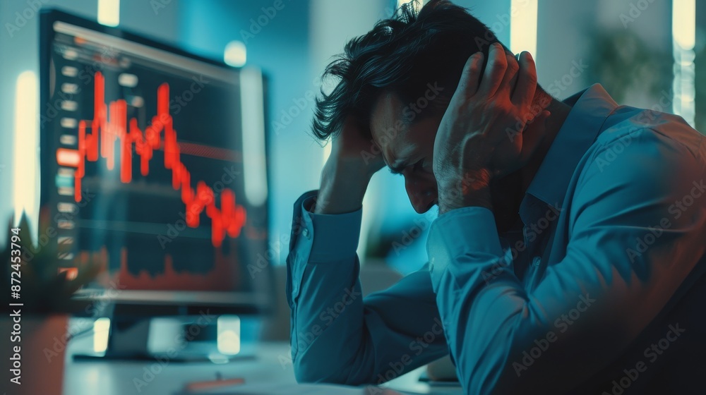 Foto de Desperate businessman at desk with financial crisis chart ...