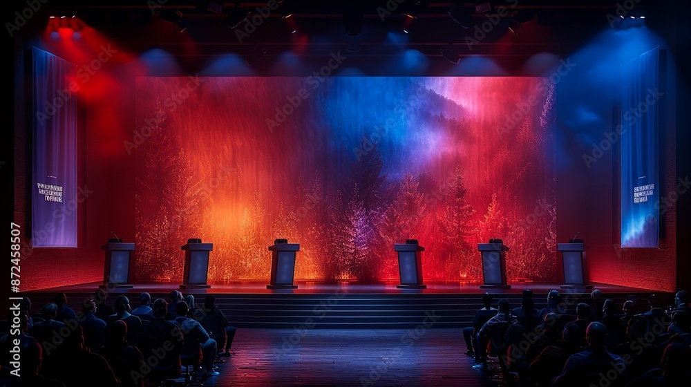 Political debate stage mockup with candidate podiums, diverse audience ...