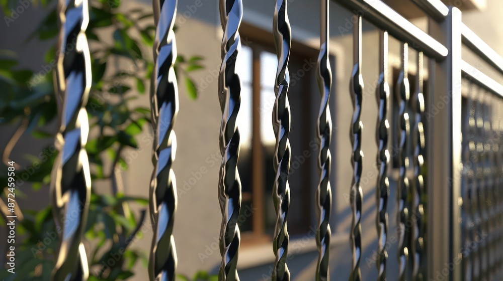 fence with vertical metal bars, each bar twisted into a spiral form ...