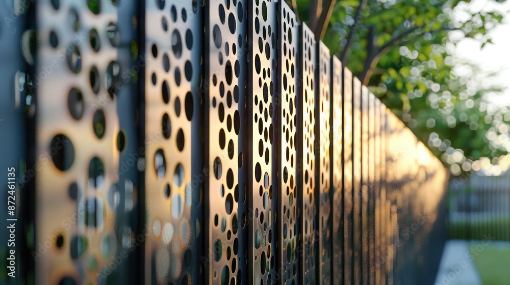 fence designed with vertical metal panels, each featuring a gradient ...