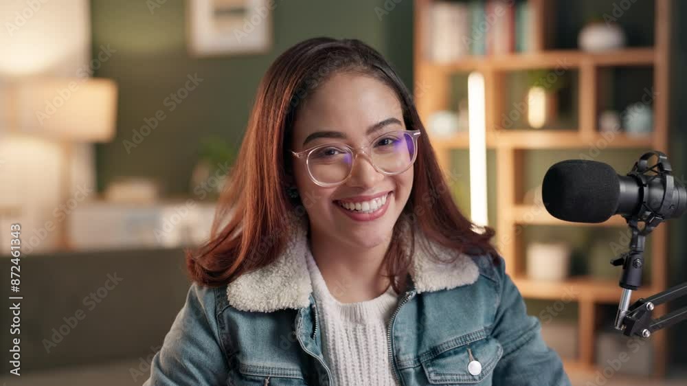 Woman, face and microphone or happy podcast, influencer and home for ...