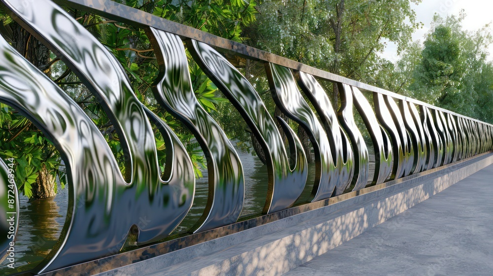 decorative metal fence with panels that mimic the flow of a river, each ...
