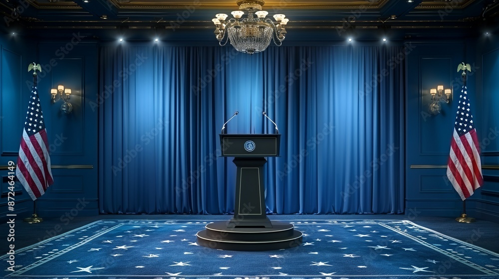 Political debate stage podium with national flags, podium microphones ...