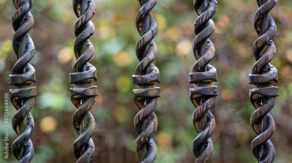 fence crafted from vertical metal rods, each rod twisted into a spiral ...