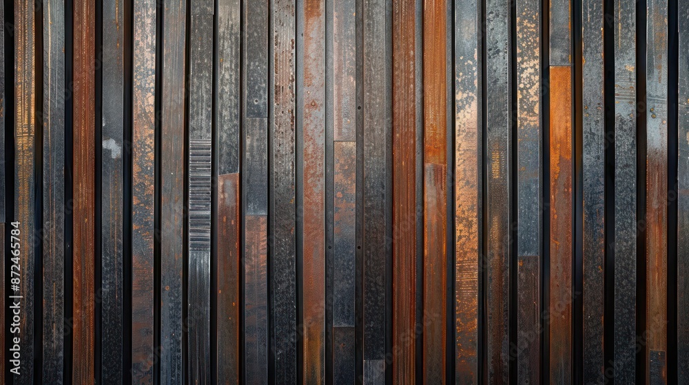 fence made of vertical metal slats, each alternating in height and ...