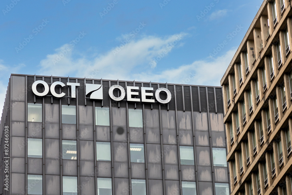 Toronto Canada, July 2, 2024; The OCT logo and sign high up on the ...