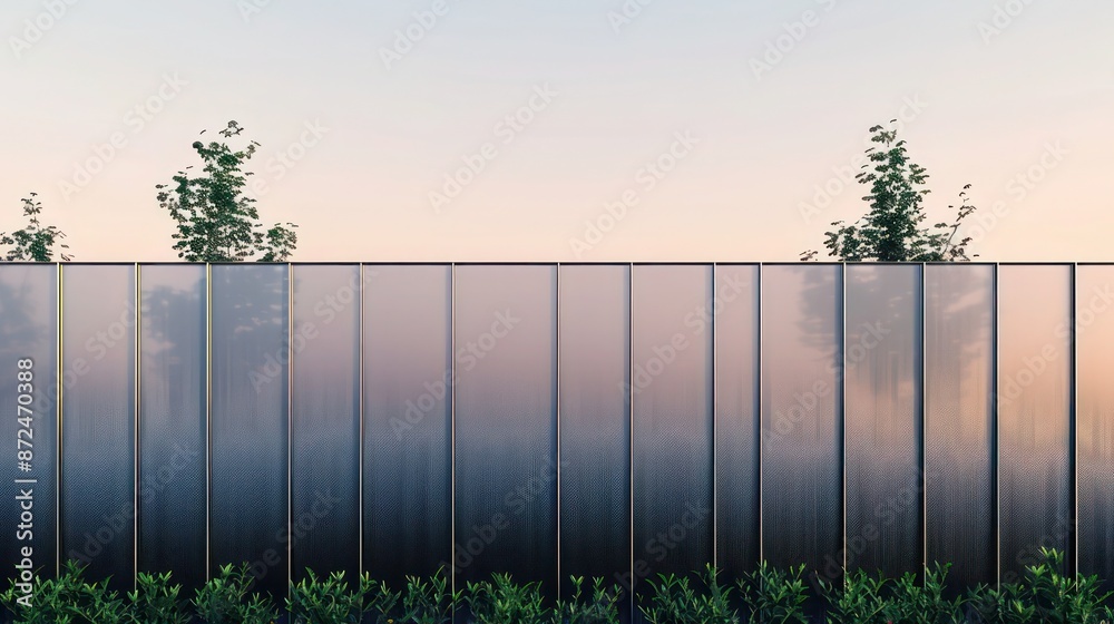 sleek, modern fence with thin metal panels, each featuring a gradient ...