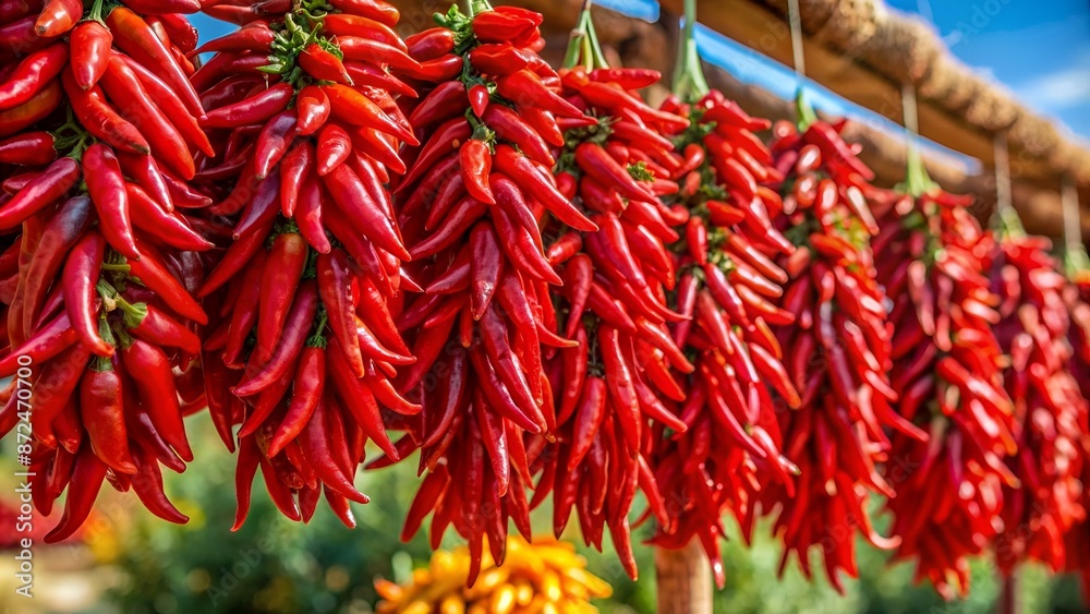 Chile Ristras of red chile peppers hanging in bunches in bright sun ...