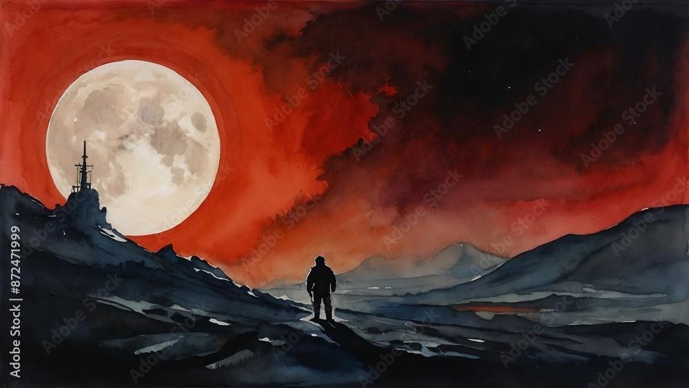 An intrepid eclipse explorer stands frozen in fear, their silhouette ...