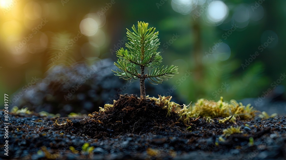 Young Pine Tree Seedling Growing in Forest Soil with Sunlight in ...