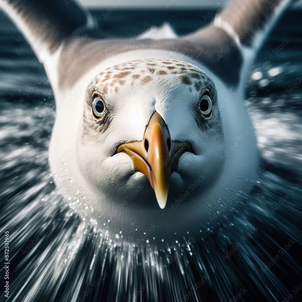 High-speed photography of a seagull flying fast, motion blur and a fast ...