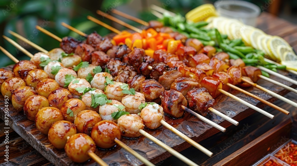 Variety of skewers are cooking on a grill, with some being cooked to a ...