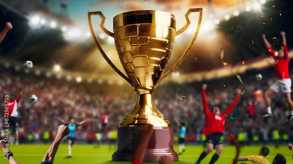 Dazzling golden trophy commanding the spotlight in a packed soccer ...