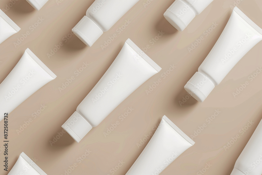 white tubes of makeup are displayed on a tan background. The tubes are ...