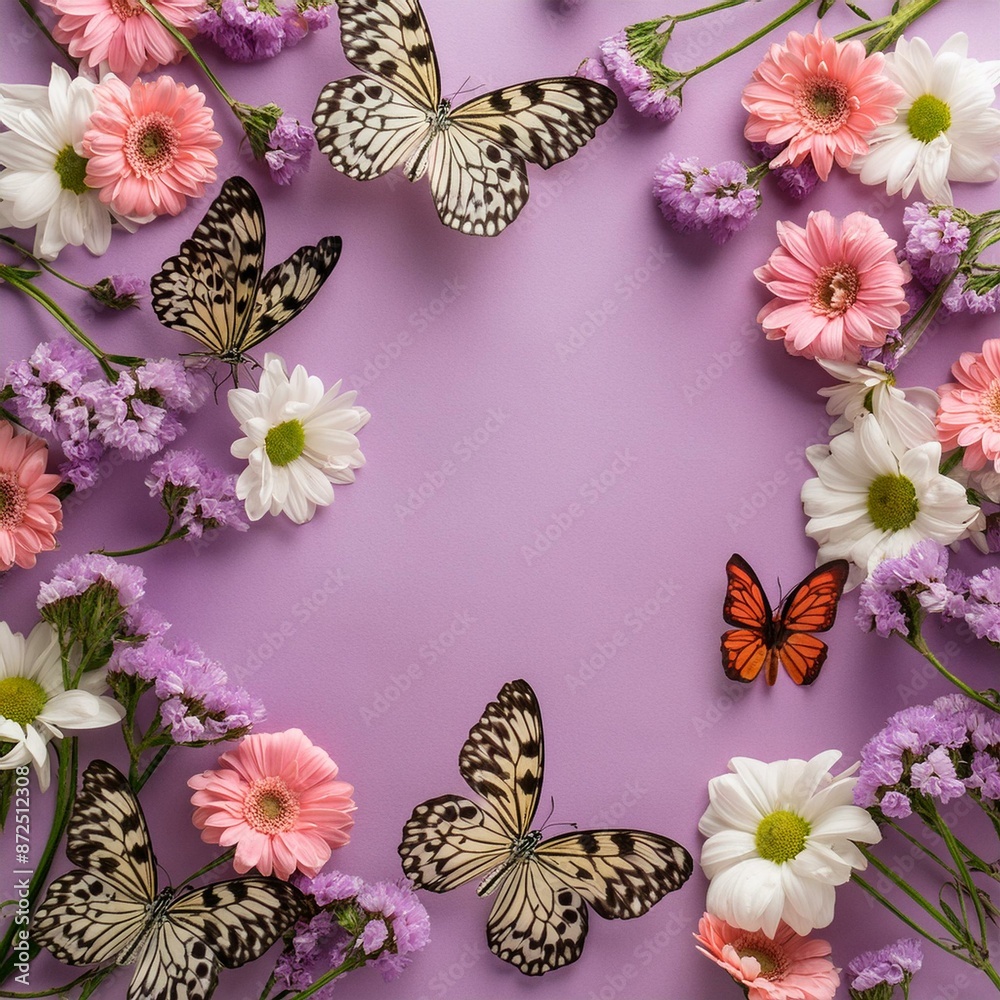 Frame of pink flowers and butterflies with background ,and texs space ...