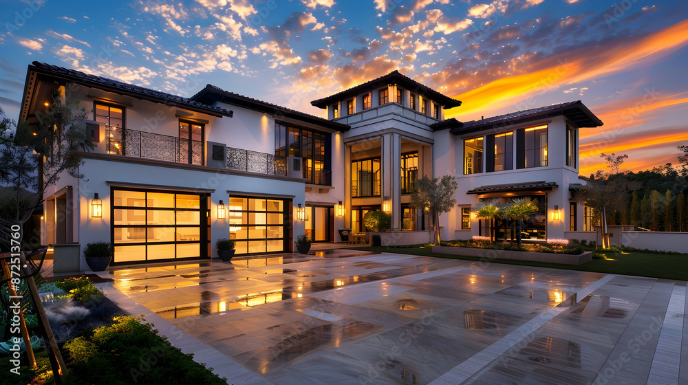 Stunning modern luxury home exterior at sunset, radiating with interior ...